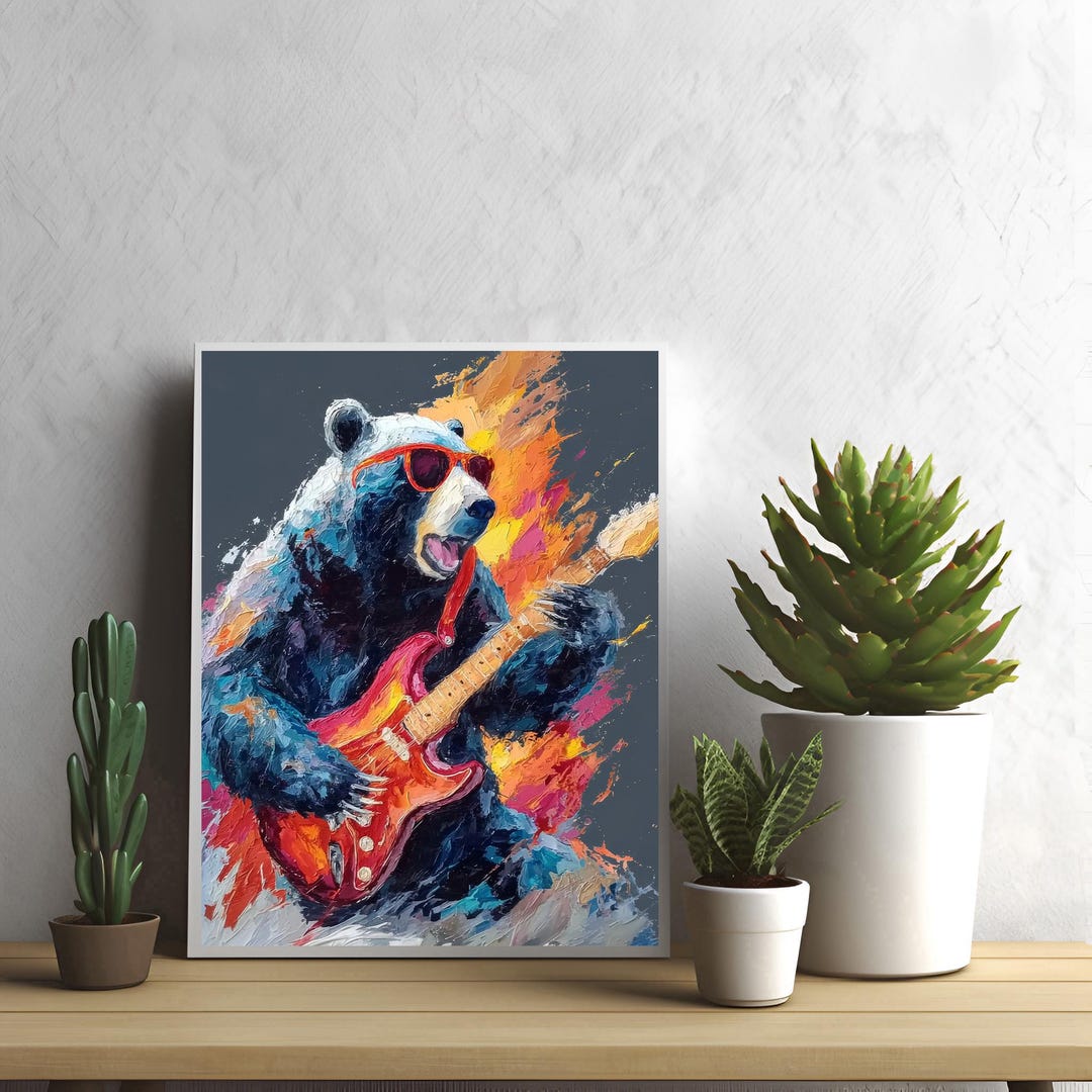 BEAR DIGITAL PRINT Funny Grizzly Playing Guitar Printable Funny Rock N ...