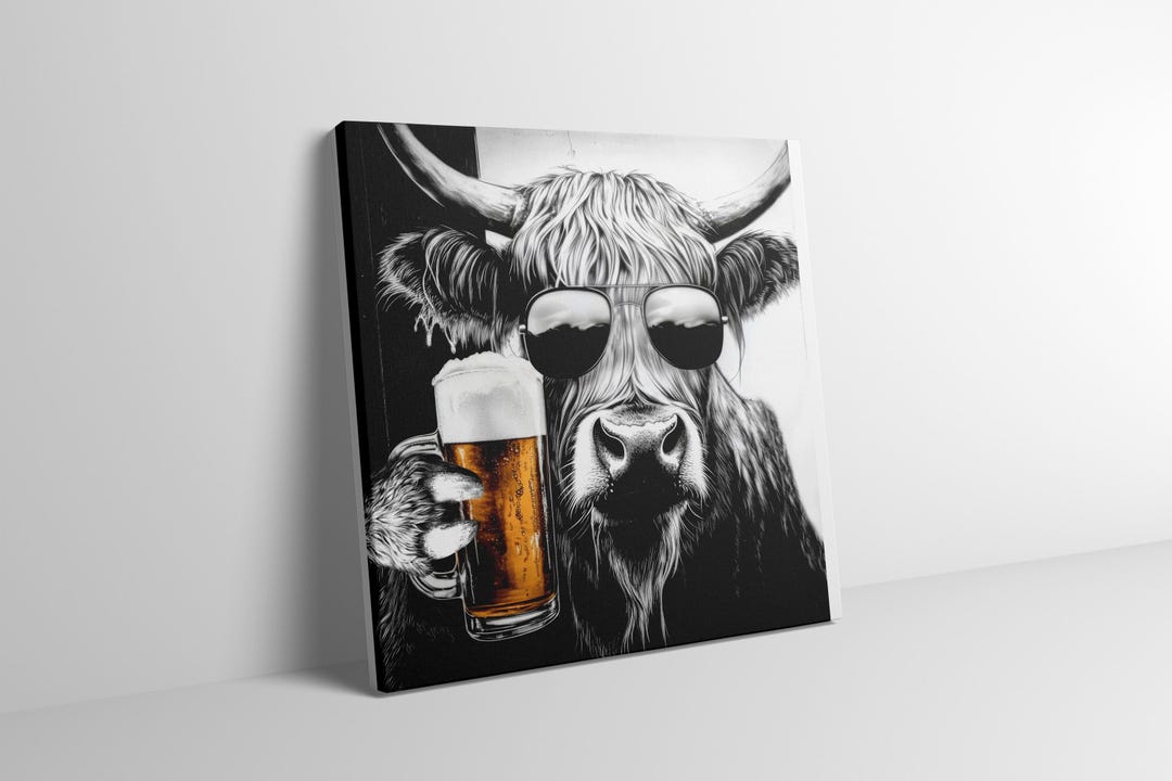 Ready to Hang HIGHLAND COW CANVAS - Funny Cow Drinking Beer Home Bar ...