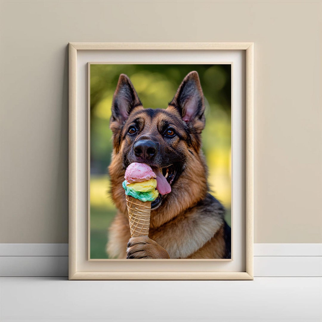 German Shepherd DIGITAL PRINT Funny Dog Lover Animal Eating Ice Cream ...