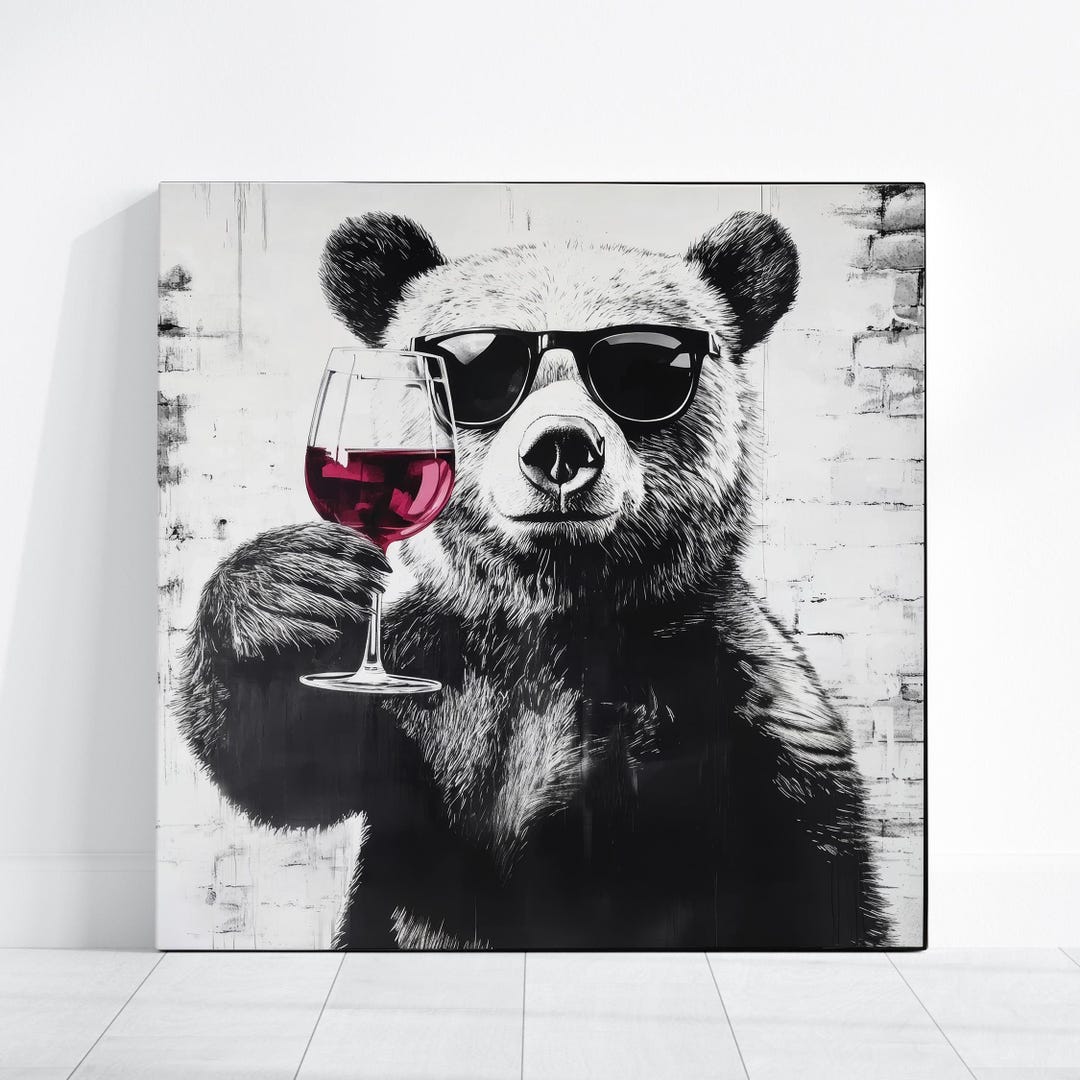 Ready to Hang BEAR CANVAS - Grizzly With Sunglasse Drinking Red Wine ...