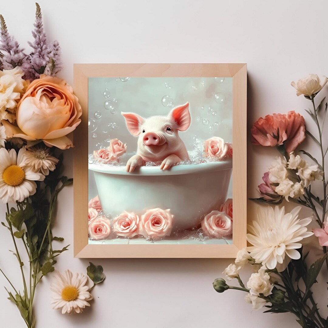 PIG DIGITAL PRINT Cute Piglet in a Bathtub Printable Flowers Poster ...