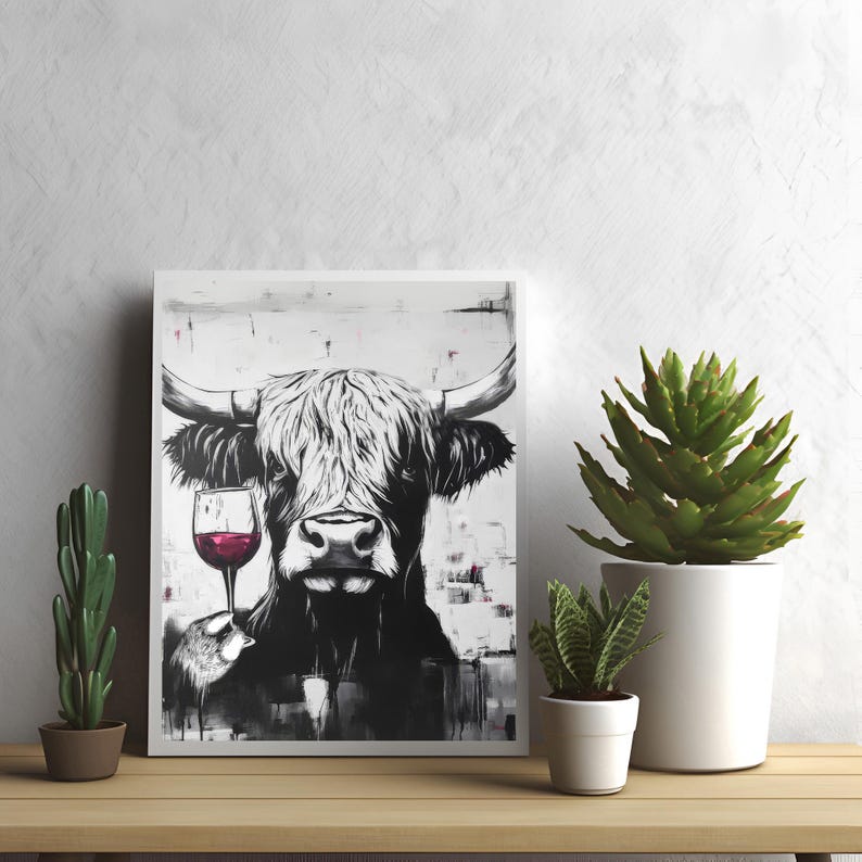 Highland COW DIGITAL PRINT Funny Animal Drinking Red Wine Printable ...