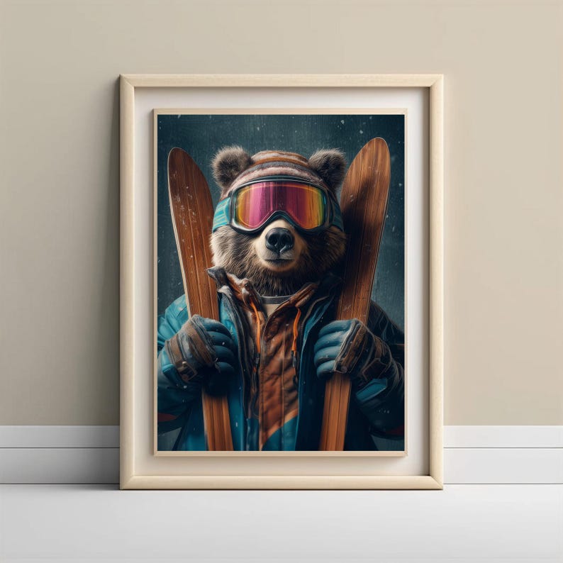 BEAR DIGITAL PRINT Grizzly Bear Skiing Printable Cool Cabin Poster Ski ...