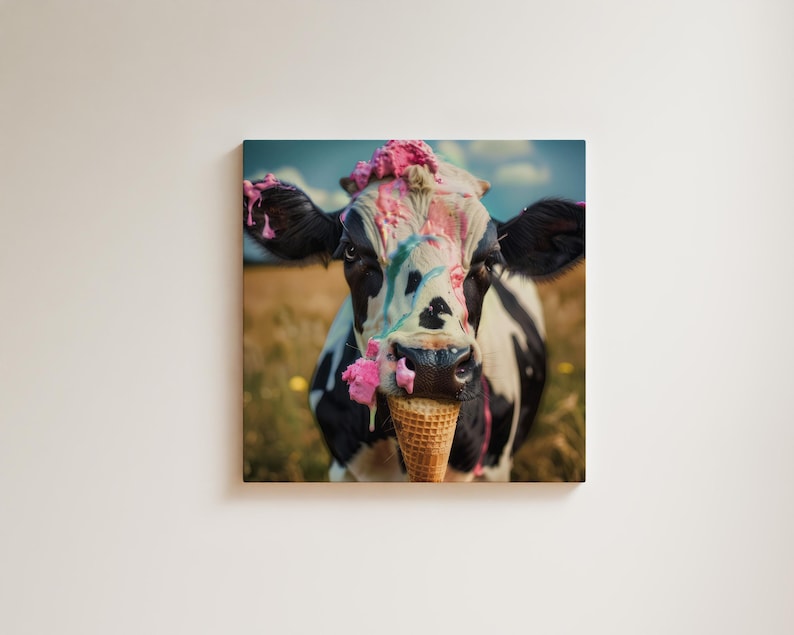 Ready to Hang COW CANVAS - Funny Ice Cream Cone Dessert Colorful Framed ...
