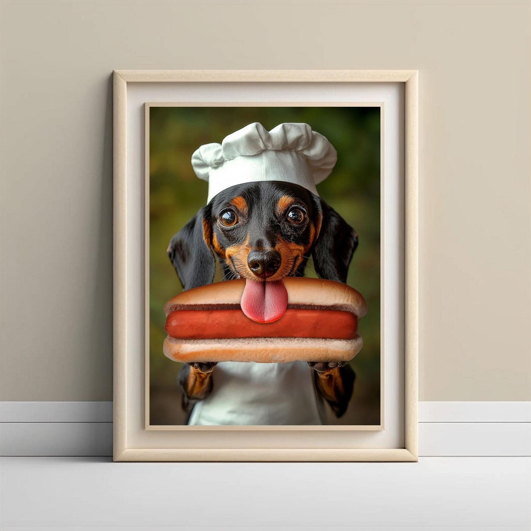 DACHSHUND Dog DIGITAL PRINT Funny Animal Eating Hot-dog Weiner Sausage ...