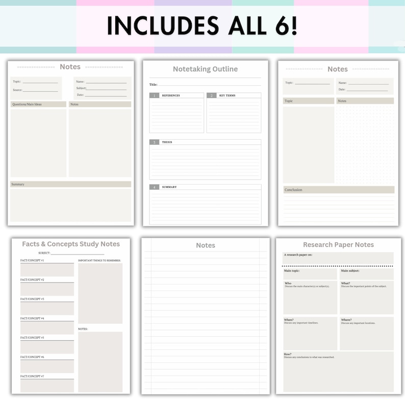 Study Notes Printable Bundle, Student Study Guides, Lecture Study Notes