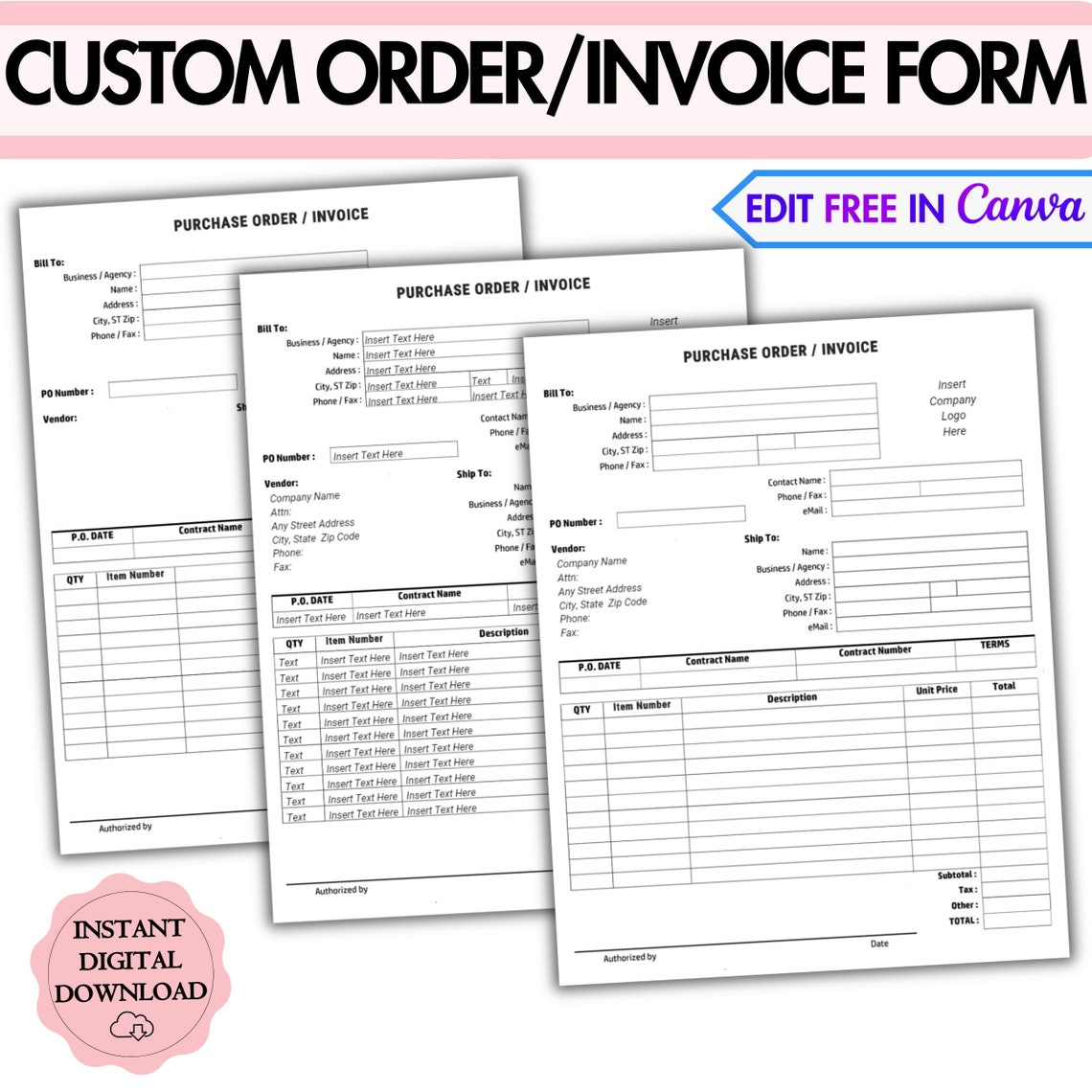 Purchase Order Invoice Form Printable, Custom Invoice, Sales Order Form, Business Form, Fillable ...
