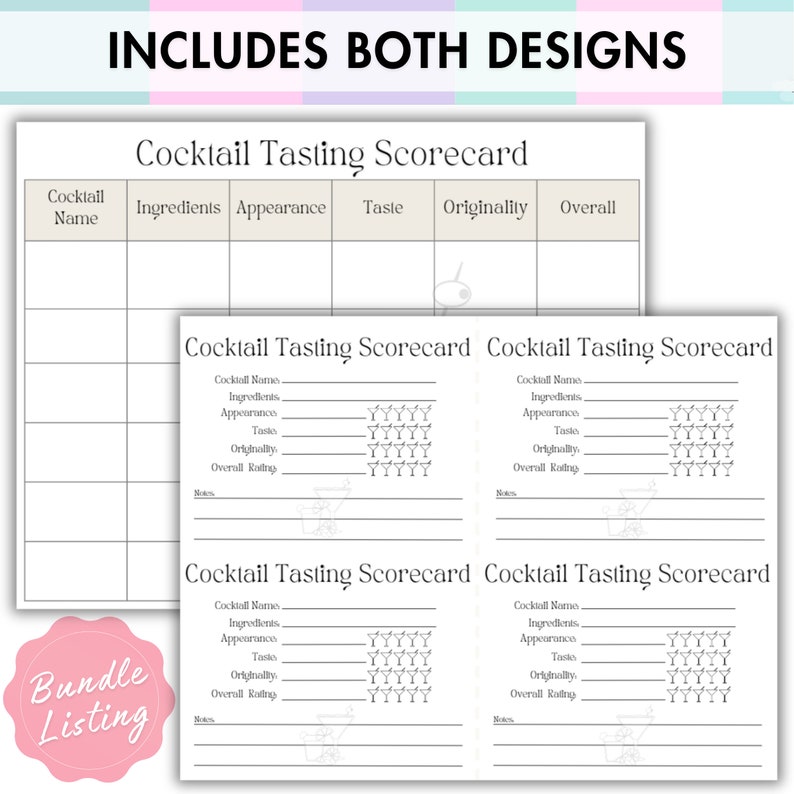 Cocktail Tasting Scorecard Printable Template, Cocktail Party, Fun ...