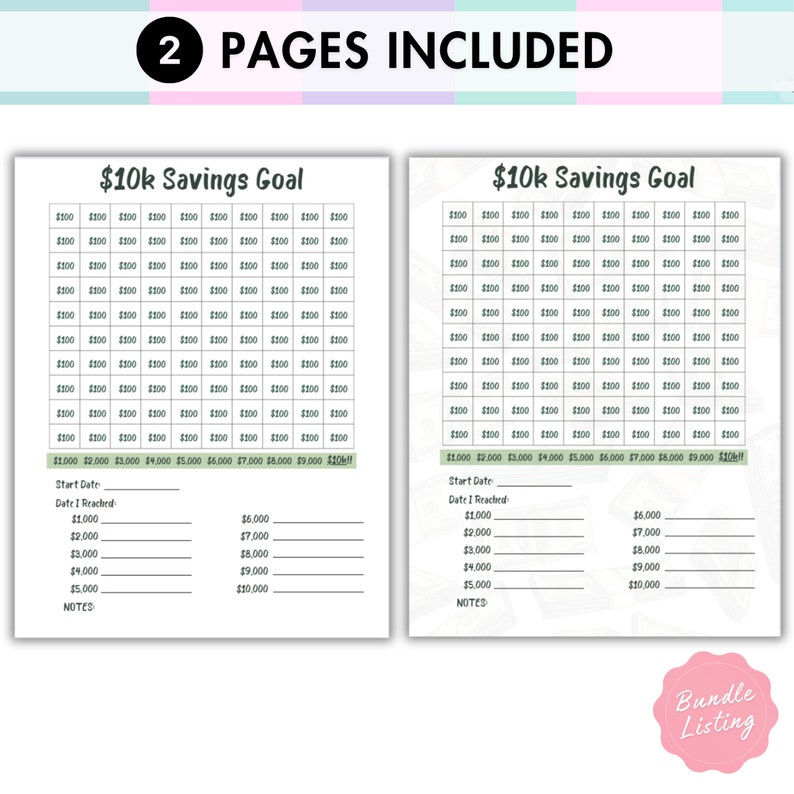 10k Savings Goal Tracker Printable, Ten Thousand Dollar Goal, 10k ...