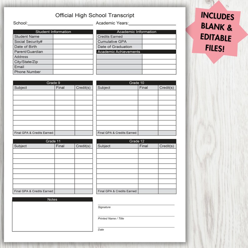 High School Transcript Editable, Homeschool Printable, Homeschool Transcript, Homeschool Grades ...