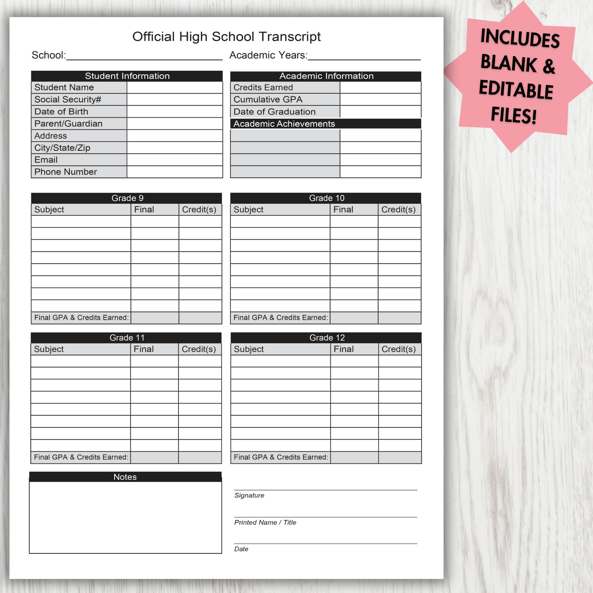 High School Transcript Editable, Homeschool Printable, Homeschool ...