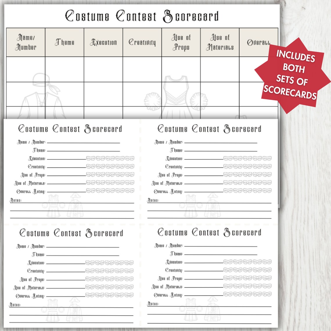 Costume Contest Scorecard Printable, Costume Design, Costume Evaluation ...