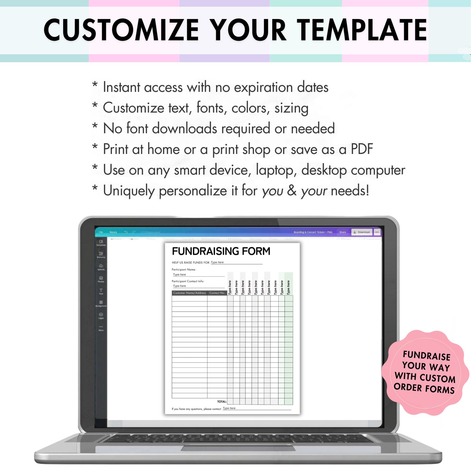 Editable Fundraising Form Printable, Sponsorship Form, Custom ...