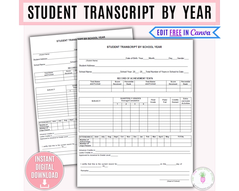 Student Yearly Transcript, Homeschool Printable, Homeschool Transcript ...