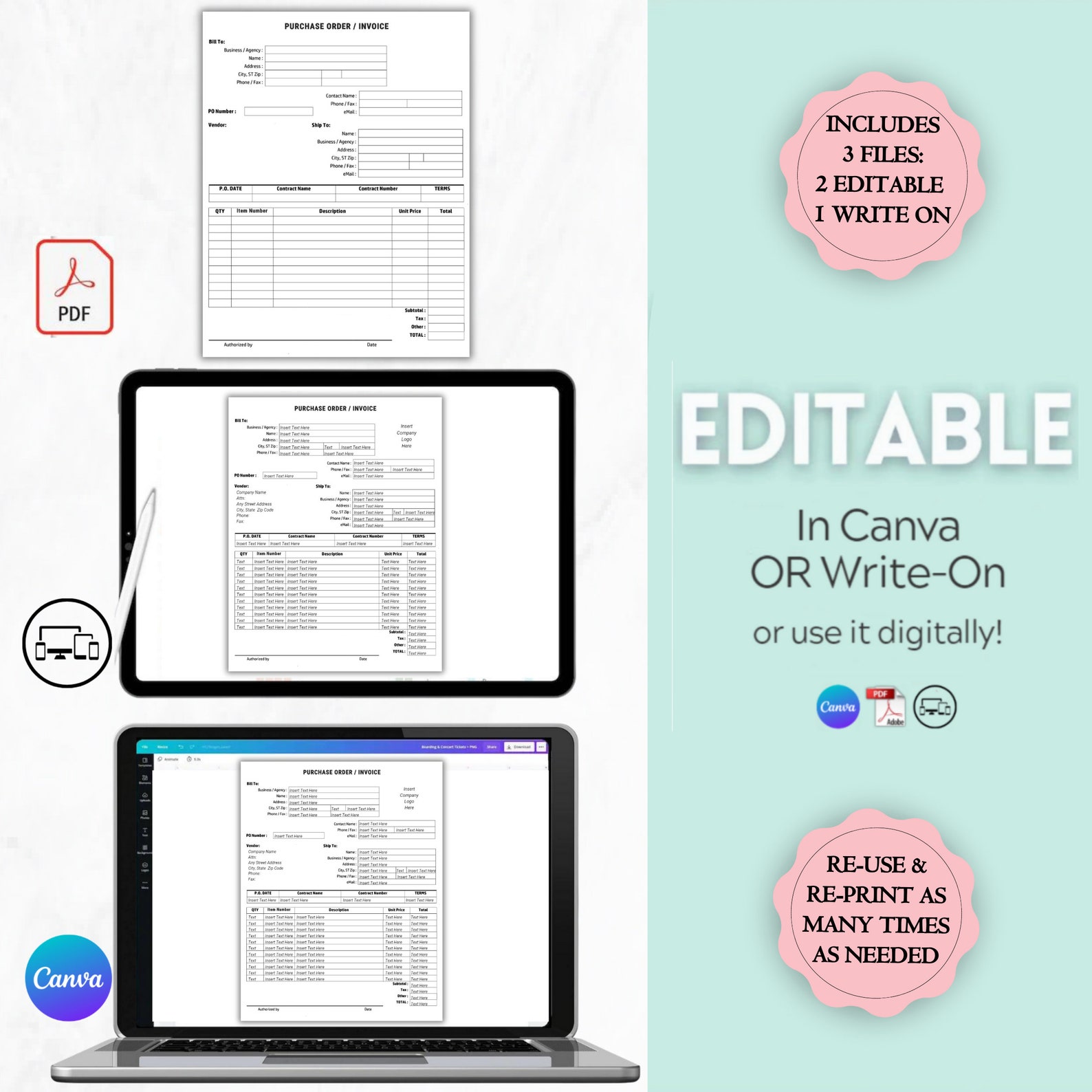 Purchase Order Invoice Form Printable, Custom Invoice, Sales Order Form ...