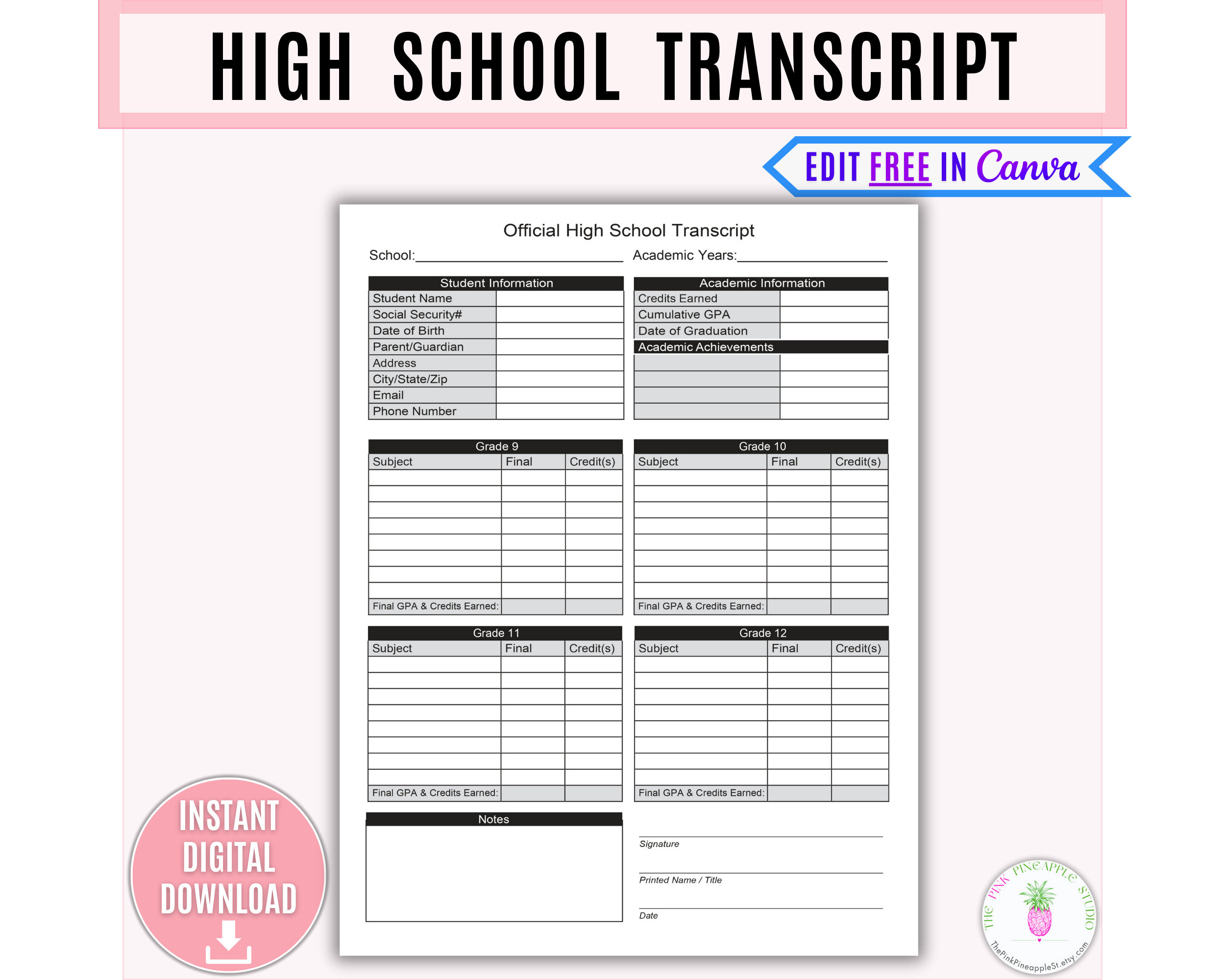 High School Transcript Editable, Homeschool Printable, Homeschool ...