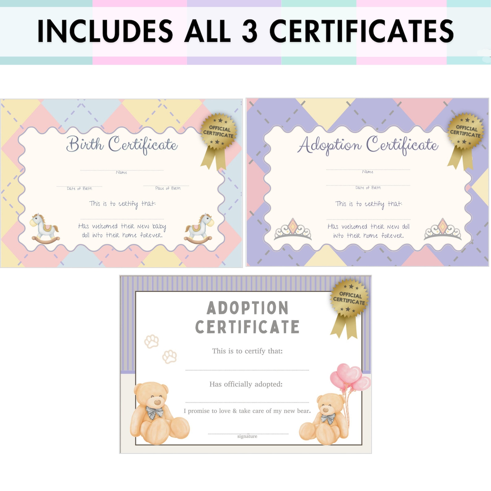 Doll & Bear Birth and Adoption Certificates Printable, Custom ...