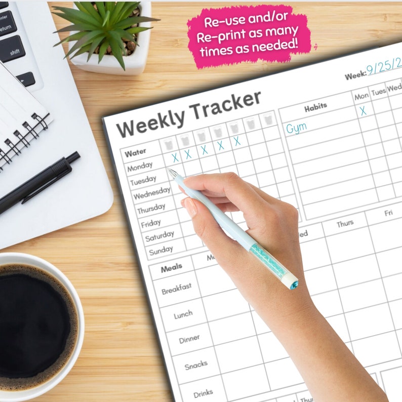 Weekly Tracker & Planner Printable, Meal Plan, Food and Water Tracker ...
