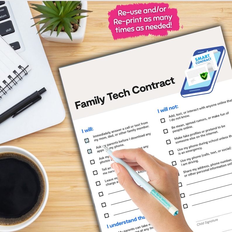Family Technology Contract Printable, Teen Phone Contract, Screen Time ...