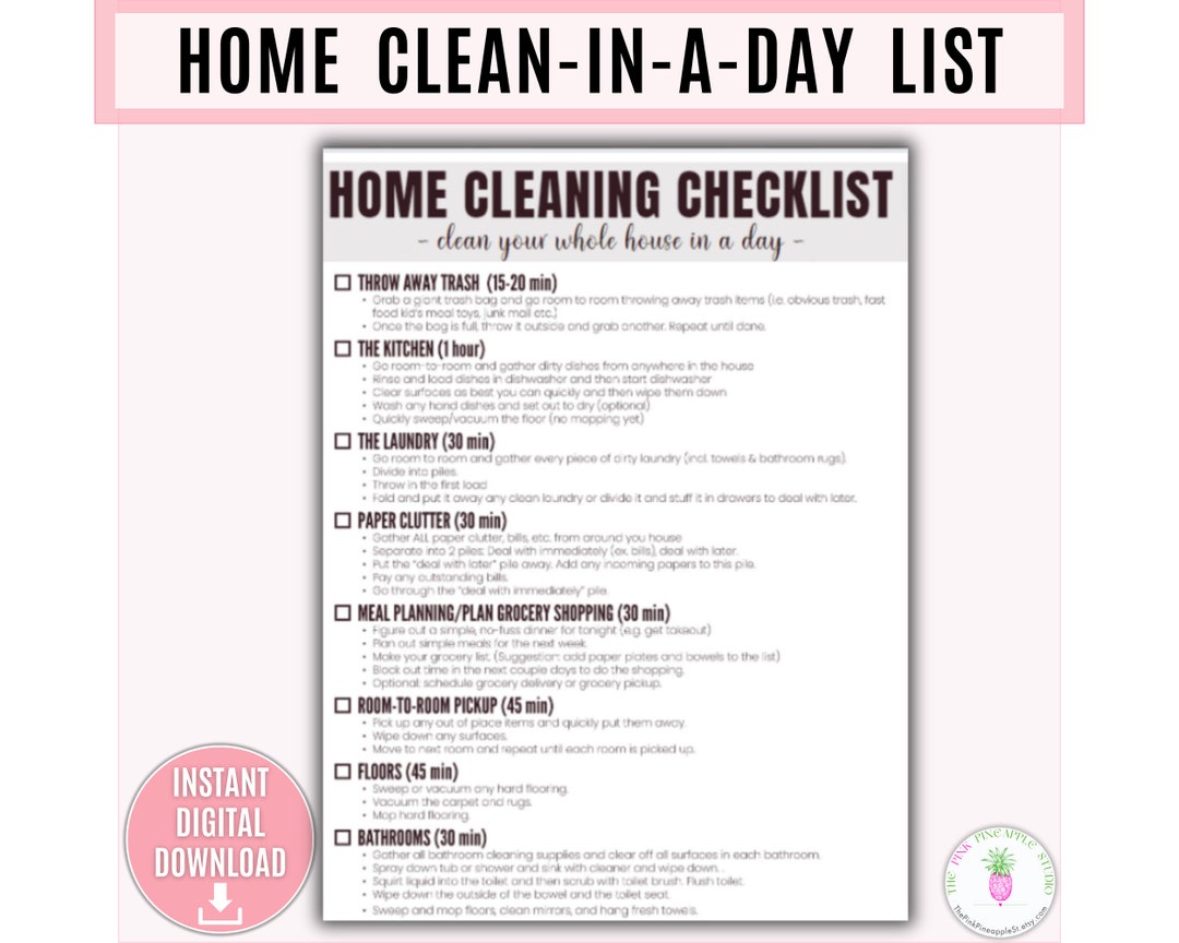 House Cleaning Checklist Printable, Clean House in A Day, Home Cleaning ...