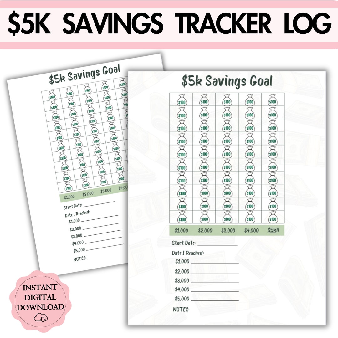 5k Savings Goal Tracker Printable, Five Thousand Dollar Goal, 5k Saving ...