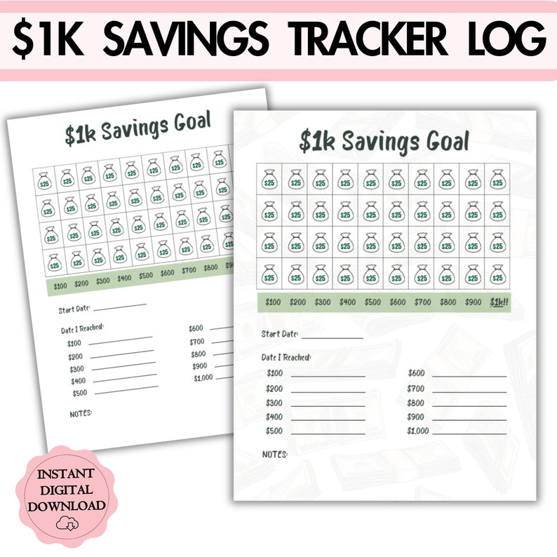1k Savings Goal Tracker Printable, One Thousand Dollar Goal, 1k Saving ...