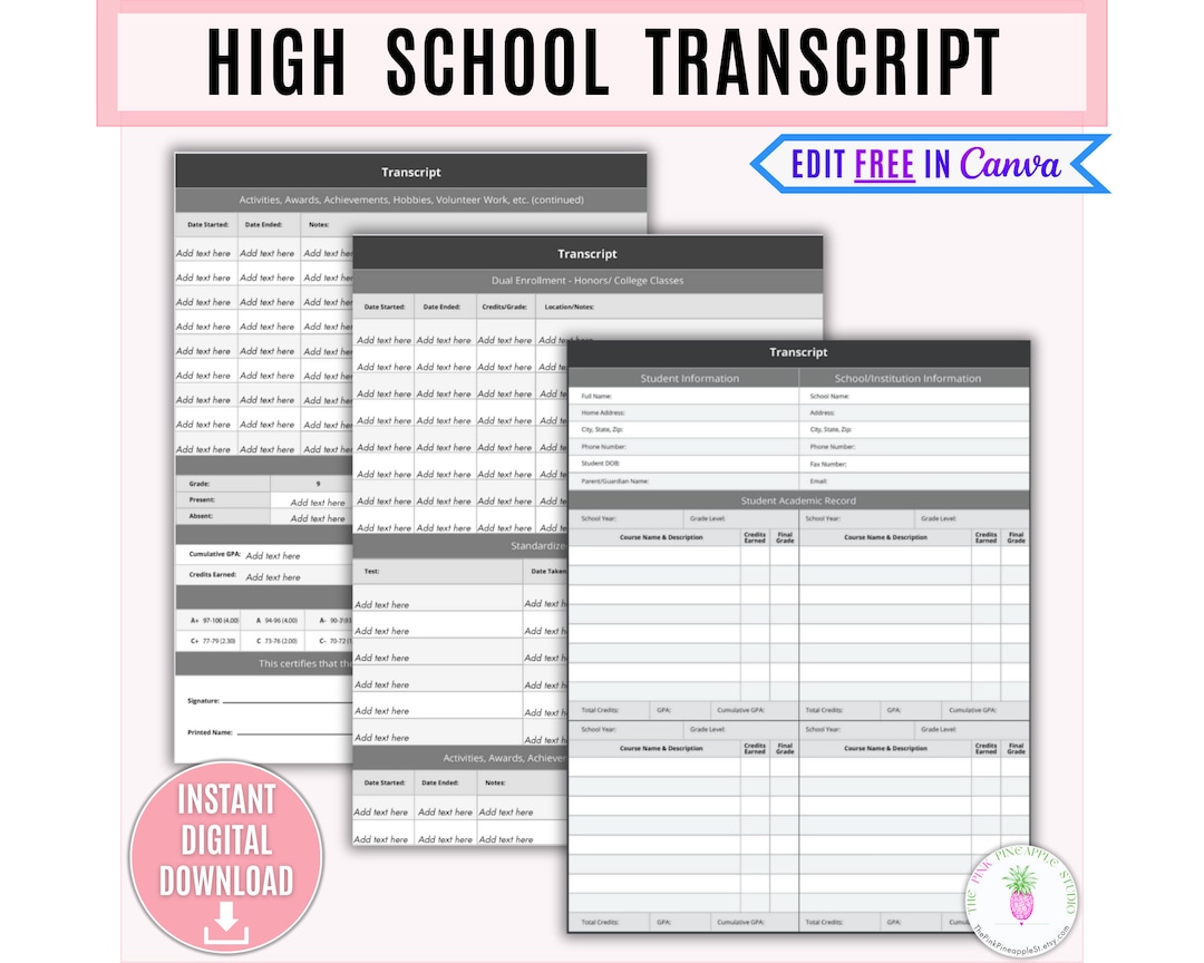 High School Editable Transcript, High School Template, Homeschool ...