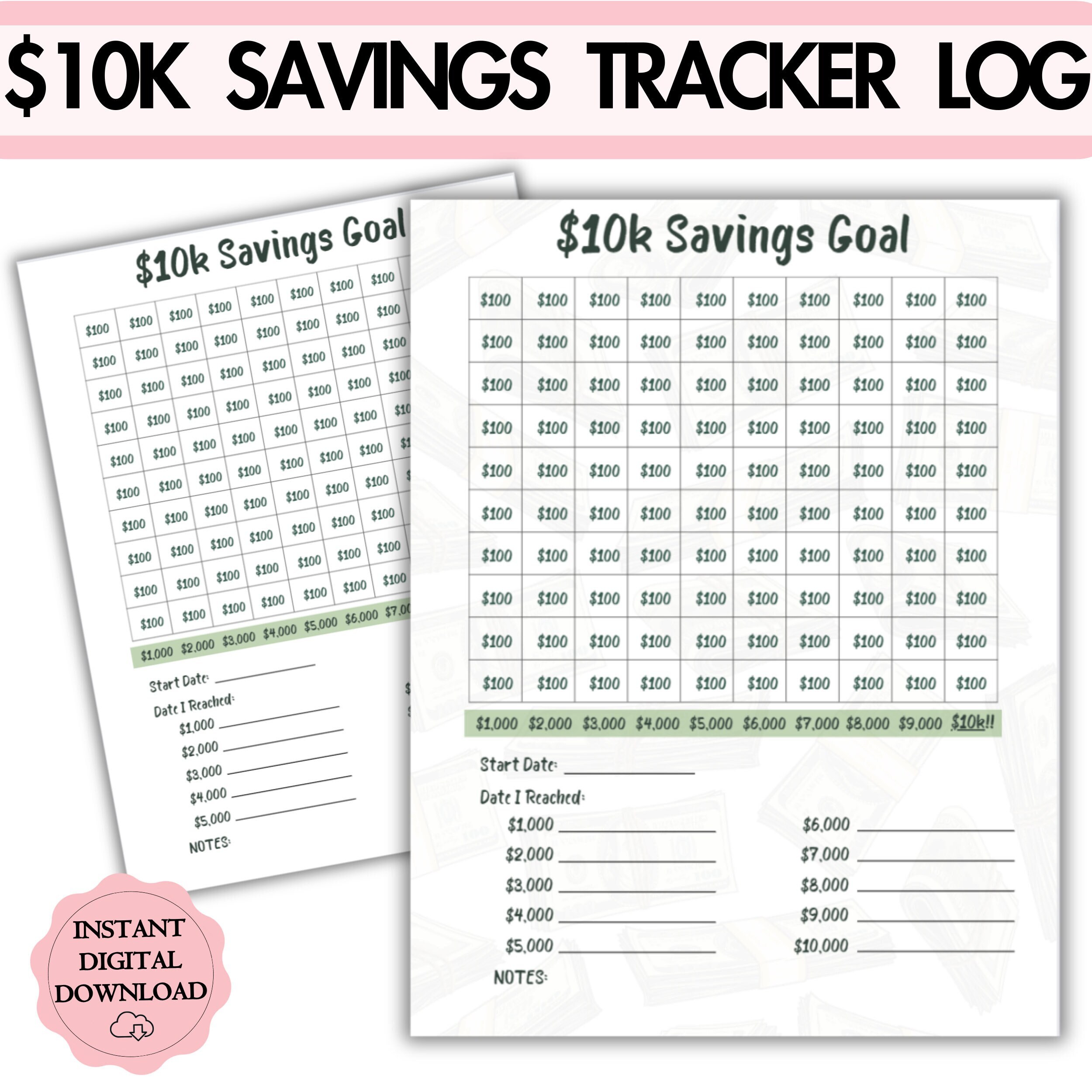 10k Savings Goal Tracker Printable, Ten Thousand Dollar Goal, 10k ...