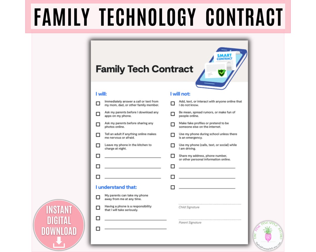 Family Technology Contract Printable, Teen Phone Contract, Screen Time ...