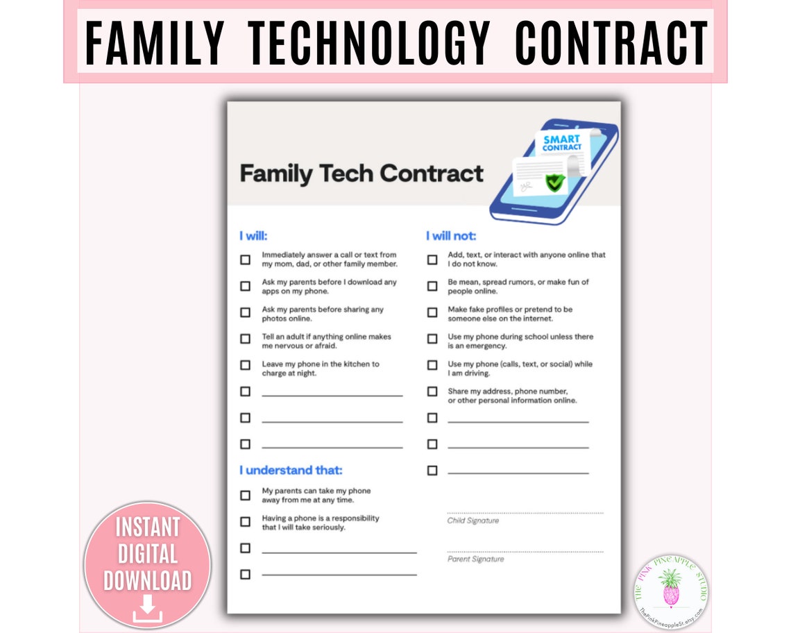 Family Technology Contract Printable, Teen Phone Contract, Screen Time ...