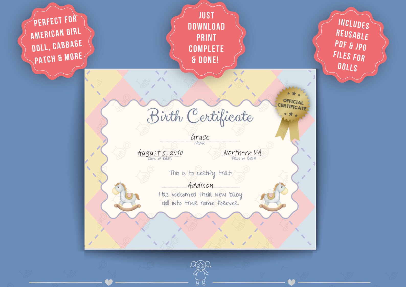 Doll Birth Certificate Printable Custom Certificate Baby - Etsy