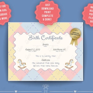 Doll Birth Certificate Printable Custom Certificate Baby - Etsy