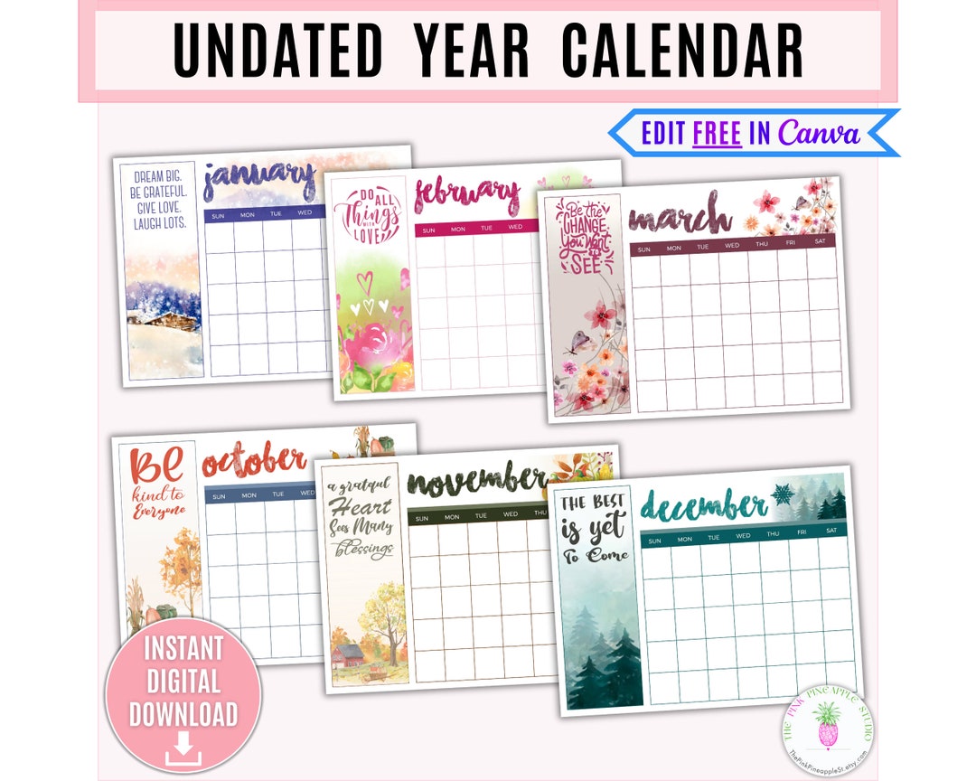 Undated Calendar Editable Planner Printable, Monthly Planner, Monthly ...
