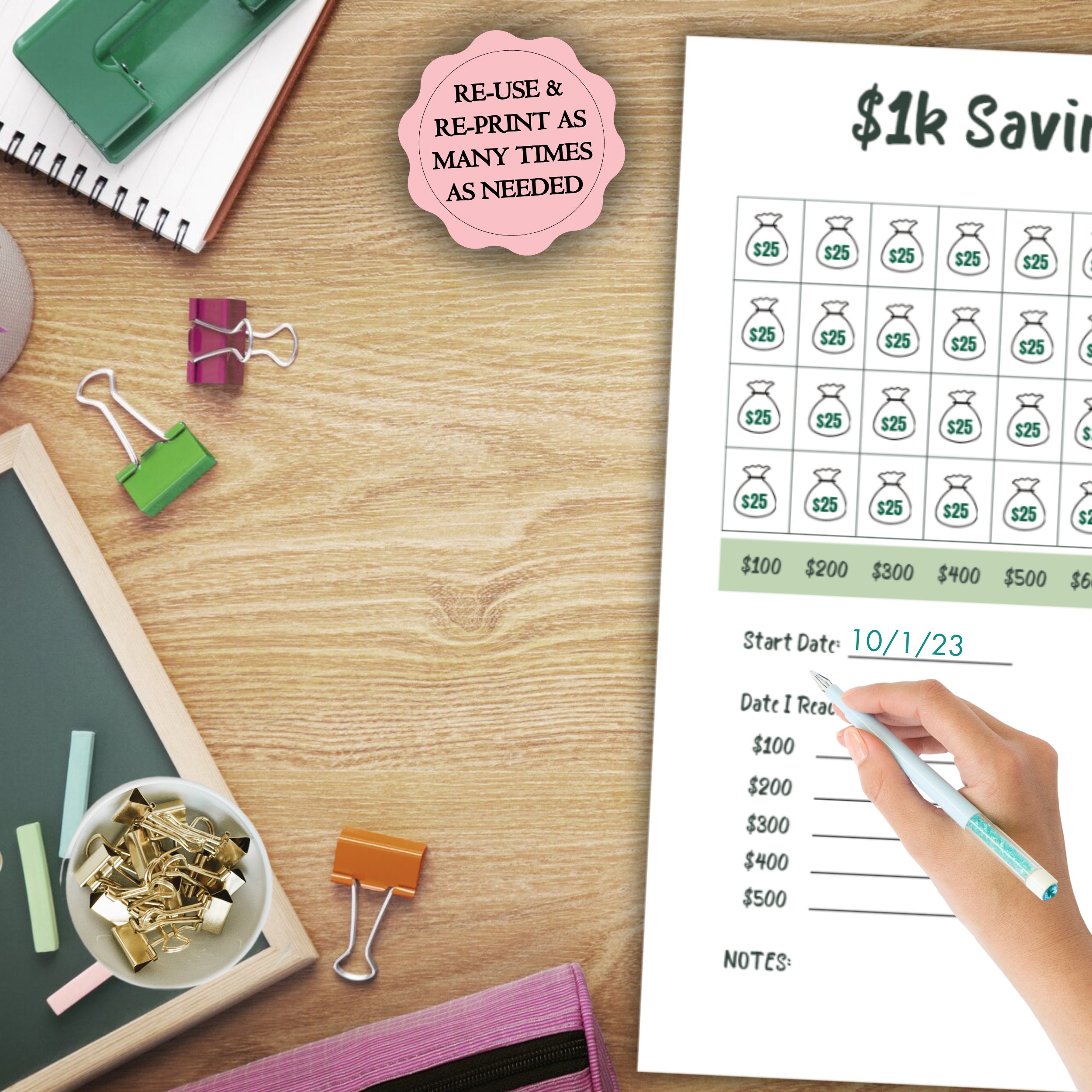 1k Savings Goal Tracker Printable, One Thousand Dollar Goal, 1k Saving ...