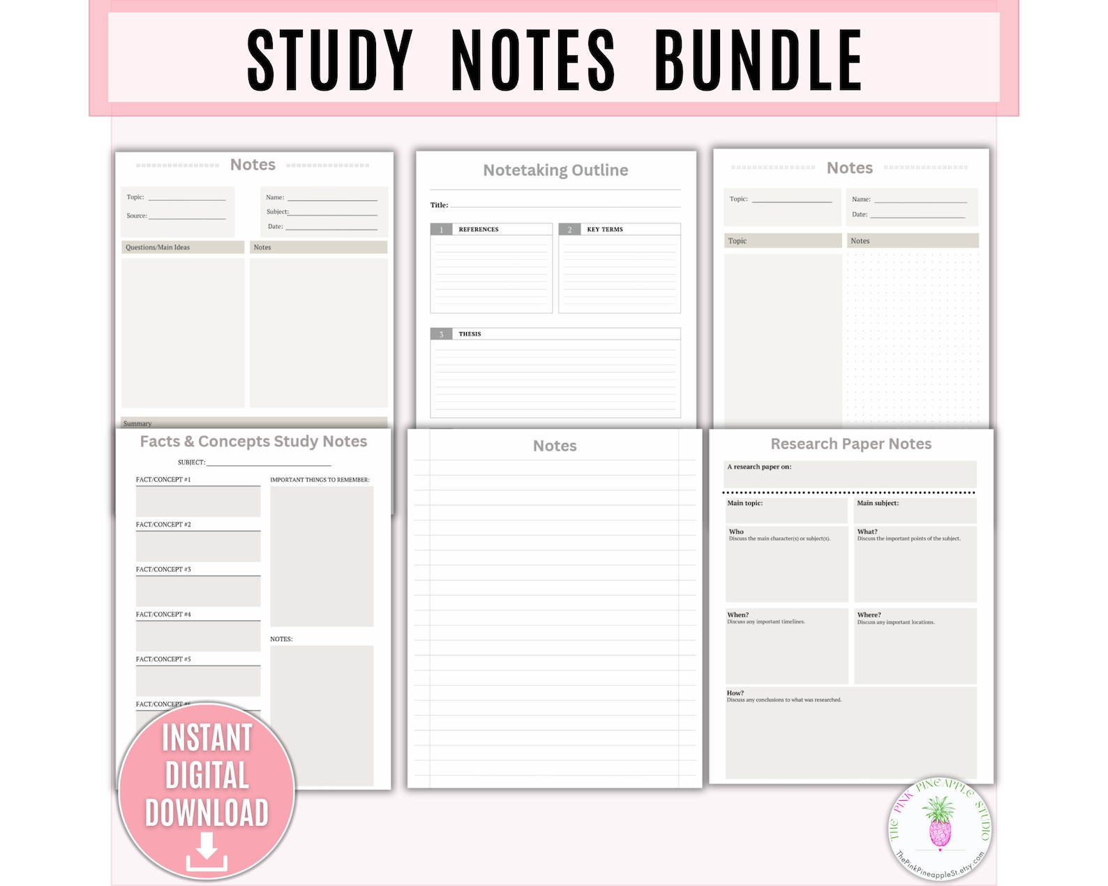 Study Notes Printable Bundle, Student Study Guides, Lecture Study Notes ...