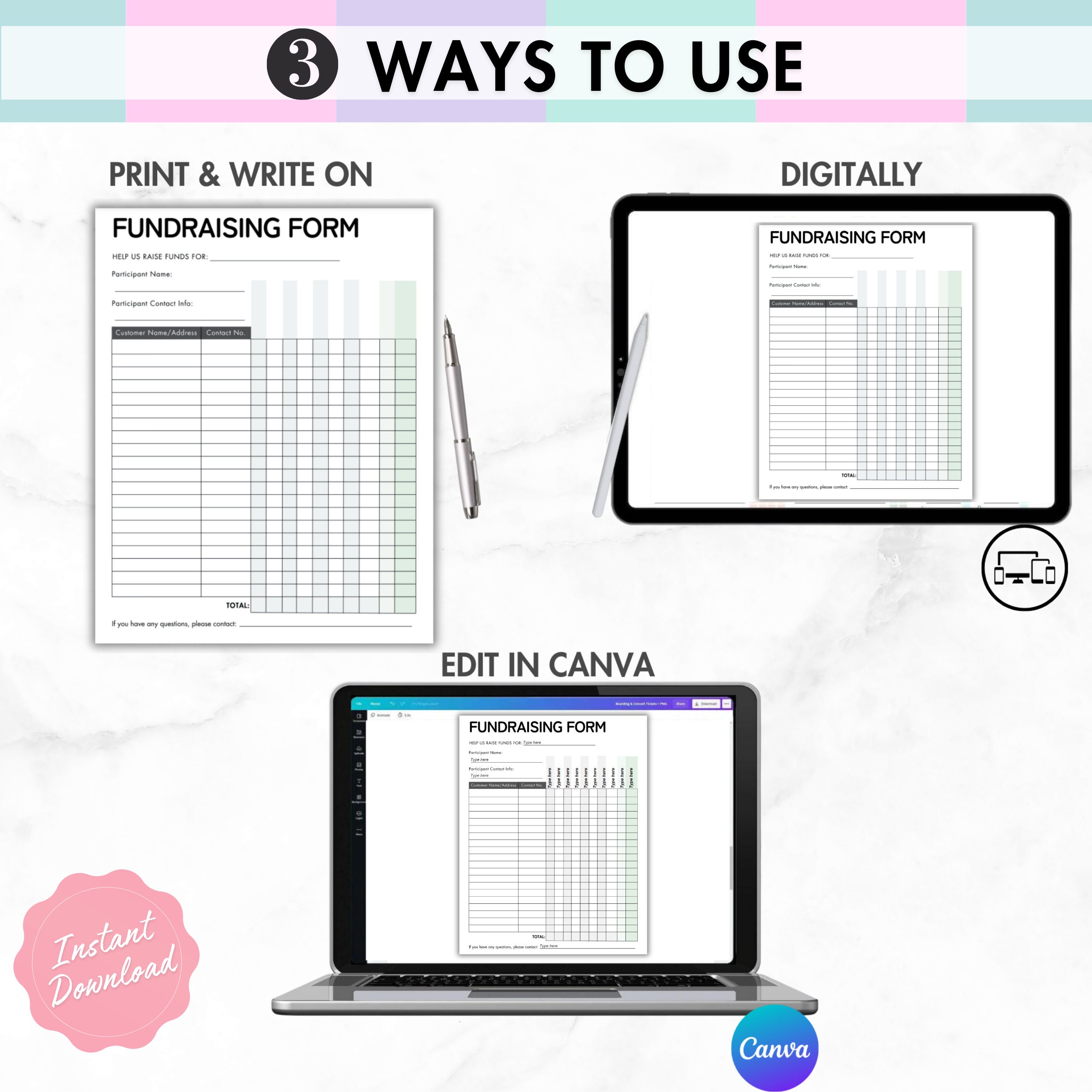 Editable Fundraising Form Printable, Sponsorship Form, Custom ...