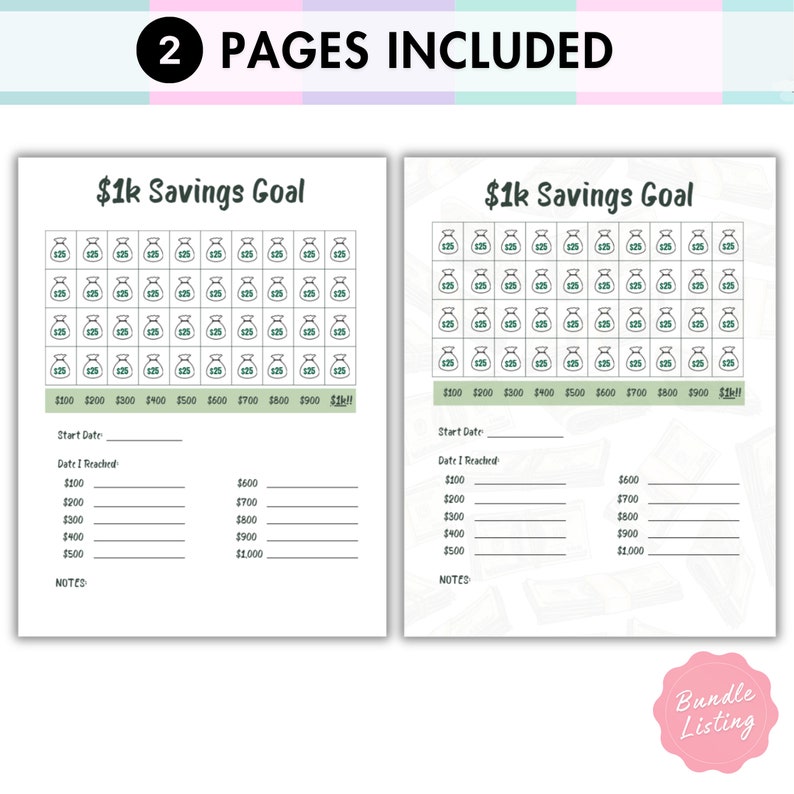 1k Savings Goal Tracker Printable, One Thousand Dollar Goal, 1k Saving ...