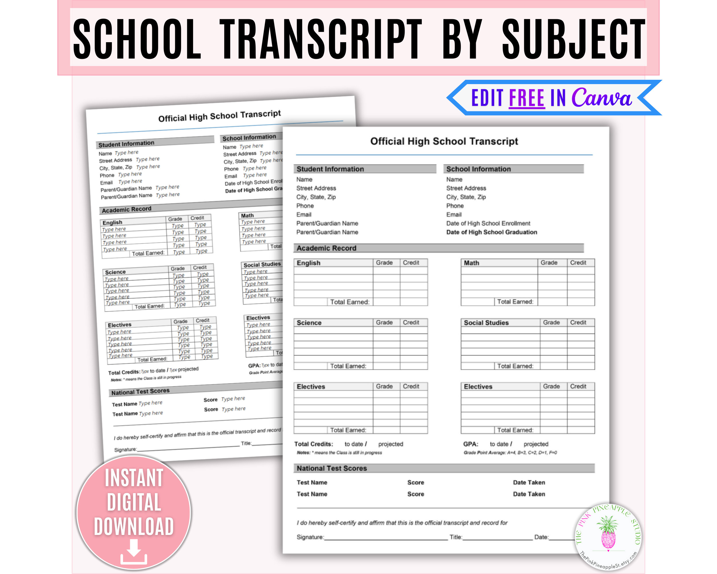 High School Subjects Transcript Editable, Homeschool Printable ...