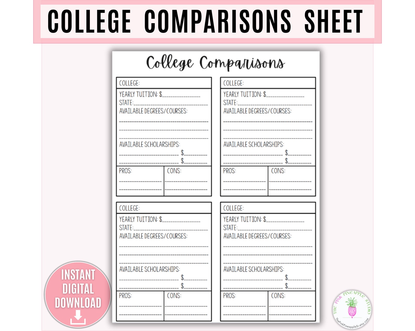 College Comparison Printable, College Tour Worksheet, School Comparison ...