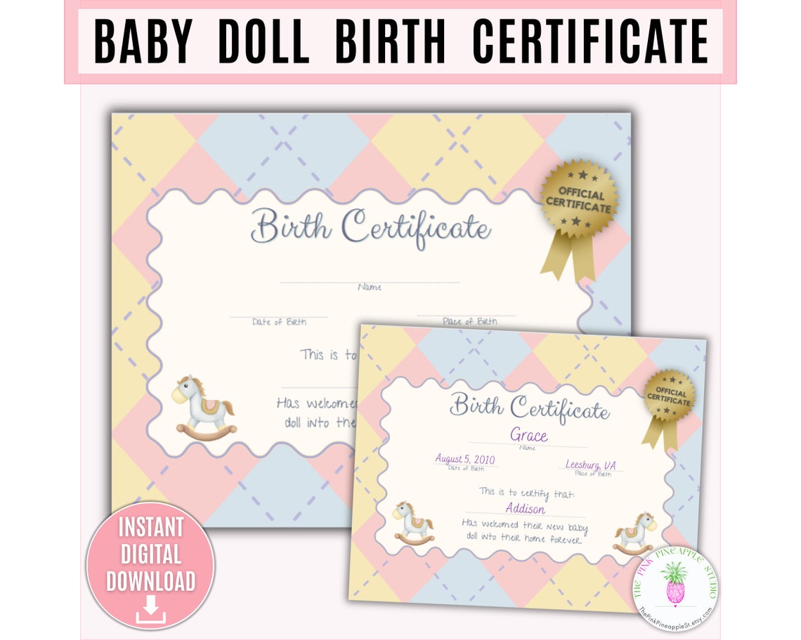 Doll Birth Certificate Printable, Custom Certificate, Baby Doll ...
