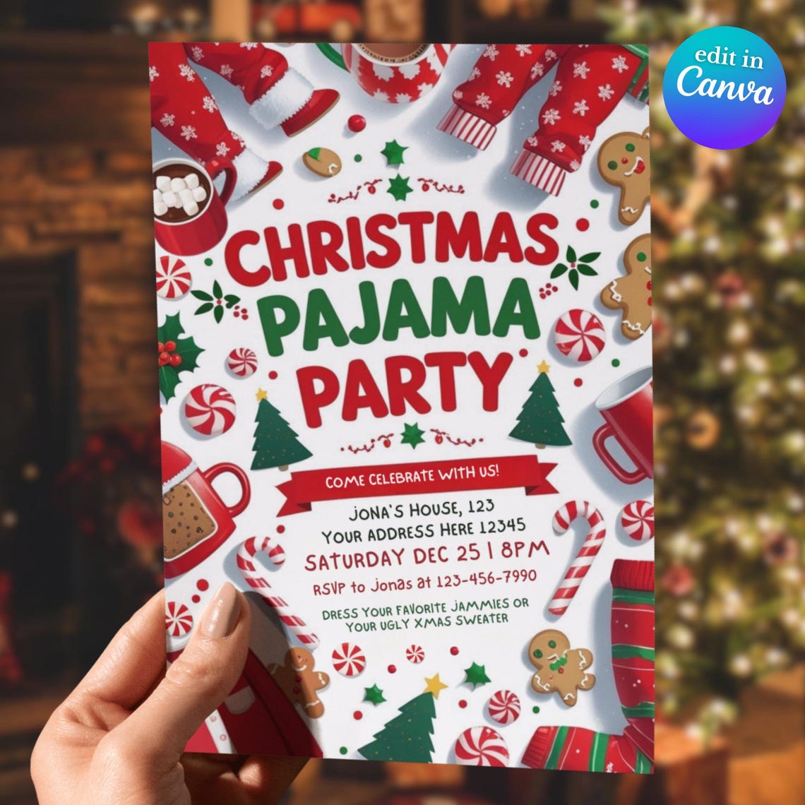 EDITABLE Christmas Pajama Party Invitation, Christmas Party Invitation ...