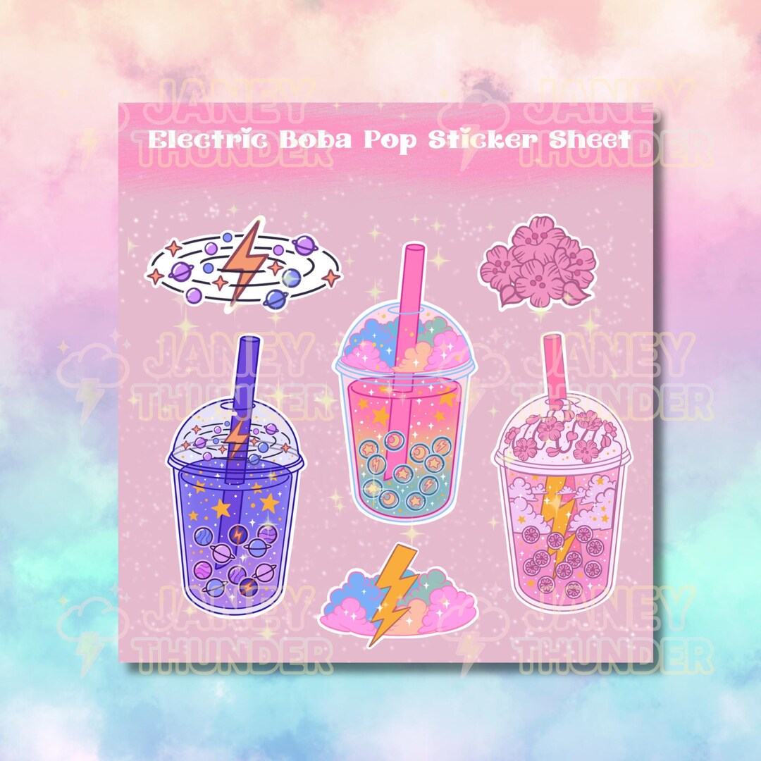 Electric Bob Pop Sticker Sheet - Holographic Kawaii Pastel Boba Tea ...