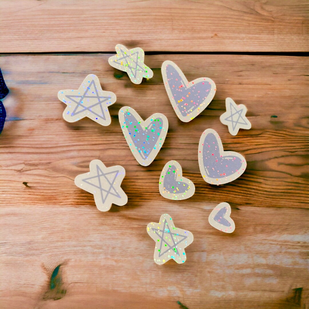 Sparkling Pastel Purple Heart & Star Stickers - Glitter Decals for Journals, Planners, and DIY ...