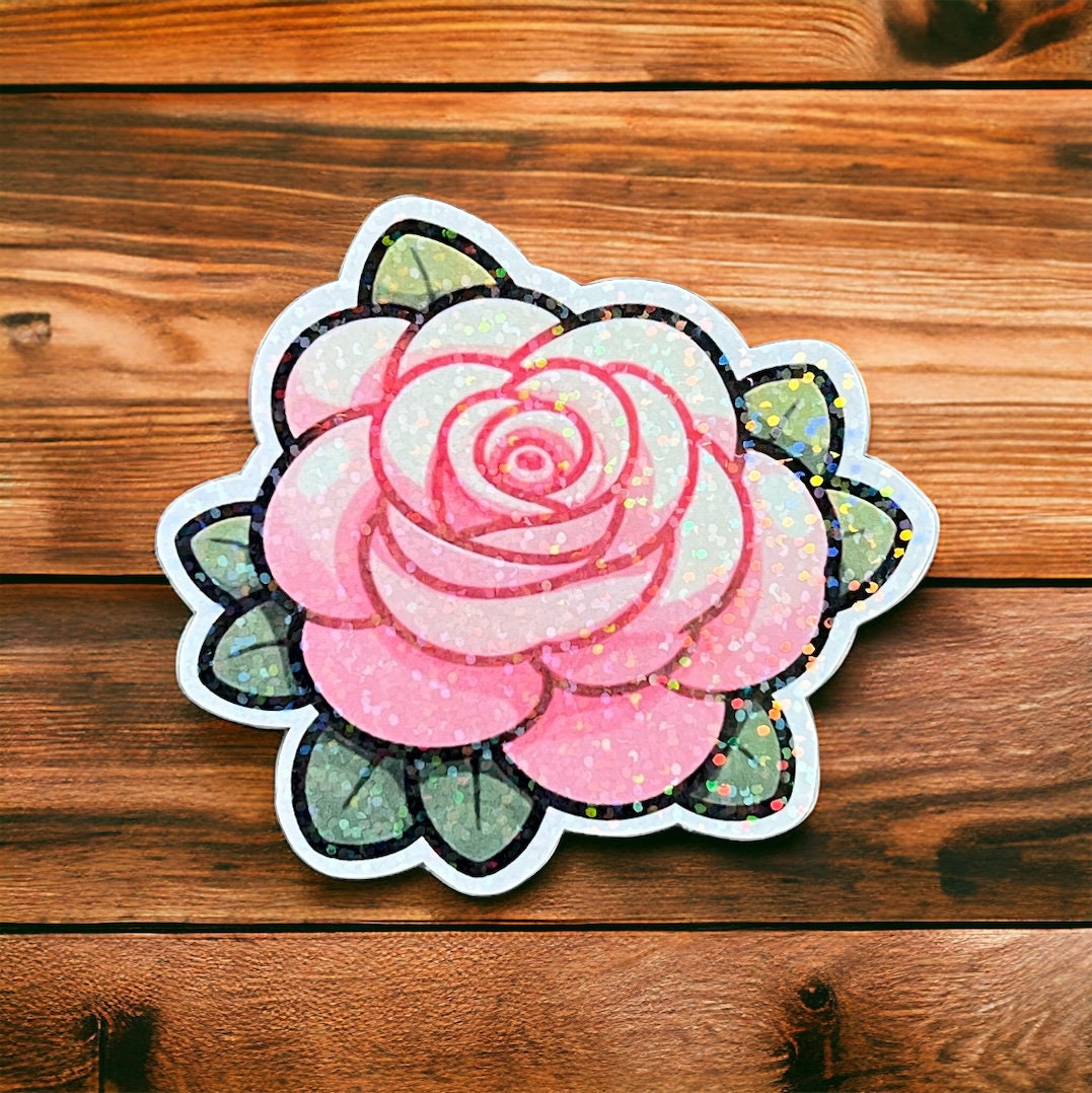 Pink Rose Sticker Botanical Decal With Sparkle Accents Elegant Floral ...