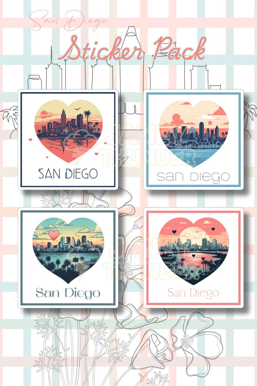 San Diego Skyline Sticker Pack | Sunset Cityscape Heart Stickers ...