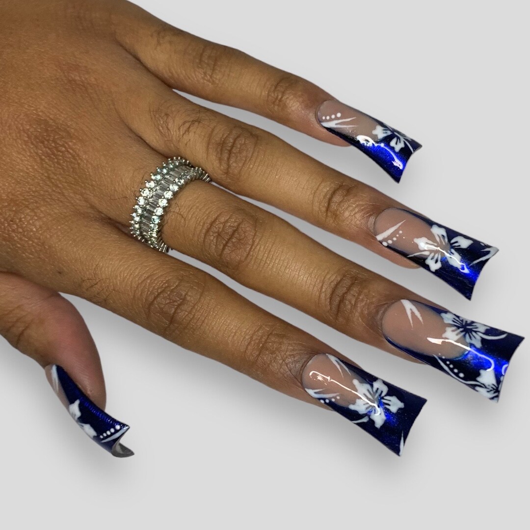 Dark Blue Chrome French Tip Duck Nails With Flowers - Etsy