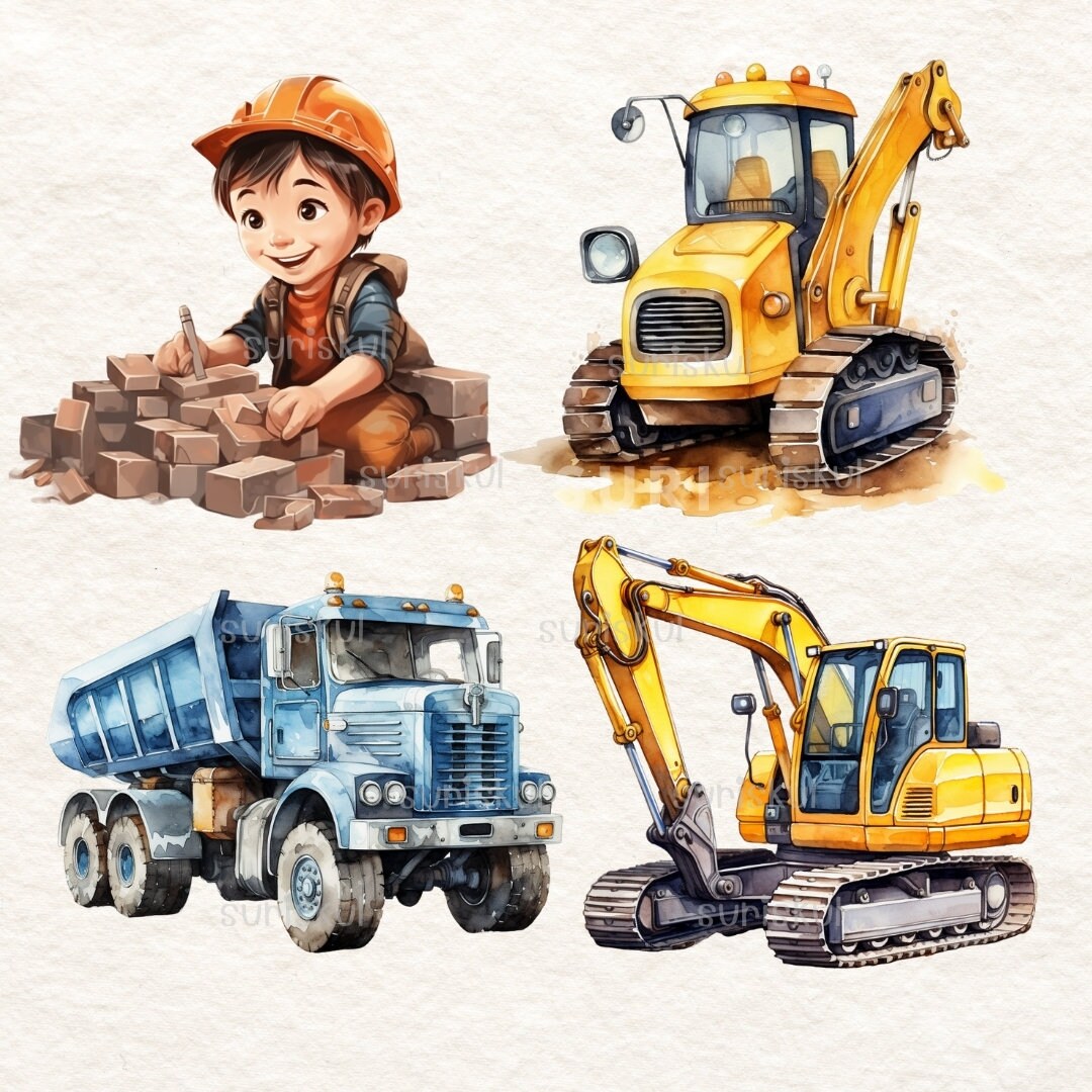 33 PNG Playful Construction Watercolor Clipart Bundle for Kids ...