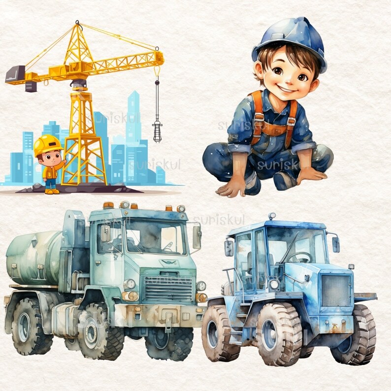 33 PNG Playful Construction Watercolor Clipart Bundle for Kids ...
