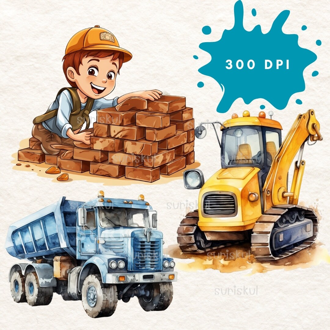 33 PNG Playful Construction Watercolor Clipart Bundle for Kids ...