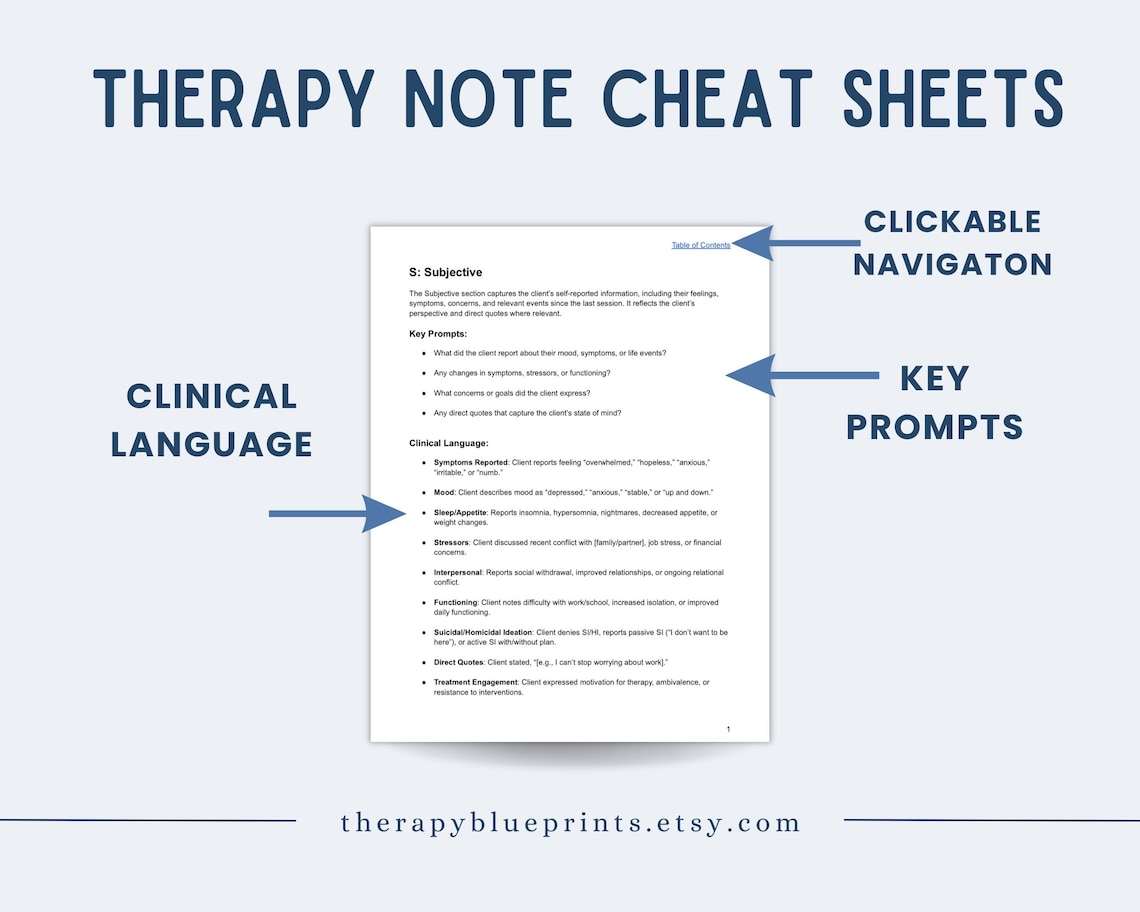 Therapy Progress Note Cheat Sheets | SOAP DAP BIRP Tempates | Clinical ...
